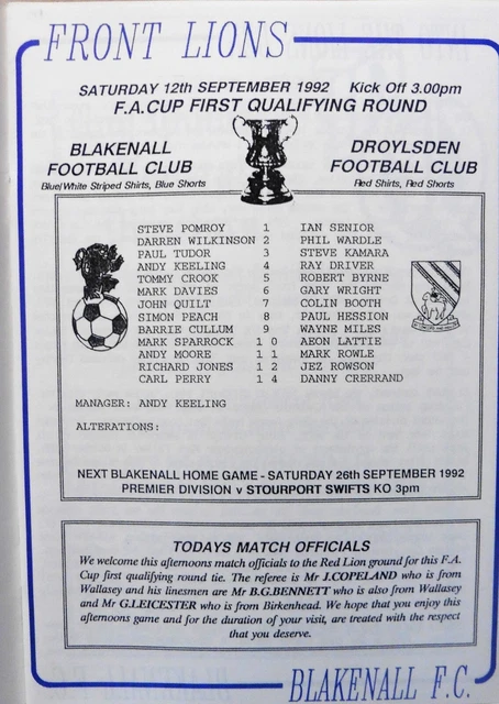 BLAKENHALL V DROYLSDEN Town 12/9/1992 Fa Cup - 1St Qualifying Round #Mint# £1.99 - PicClick UK