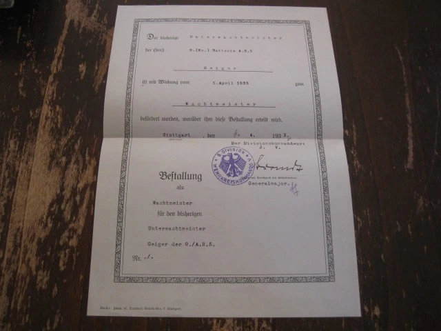 ALTES DOKUMENT BEFÖRDERUNG Wachtmeister 5. Division Wehrkreiskommando ...