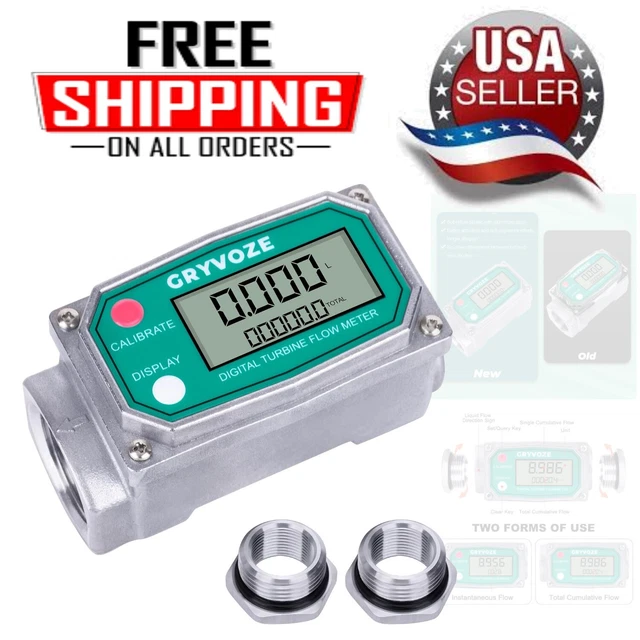 1 INCH DIGITAL Fuel Flow Meter, 2.6-26 GPM Inline NPT Turbine Flowmeter ...