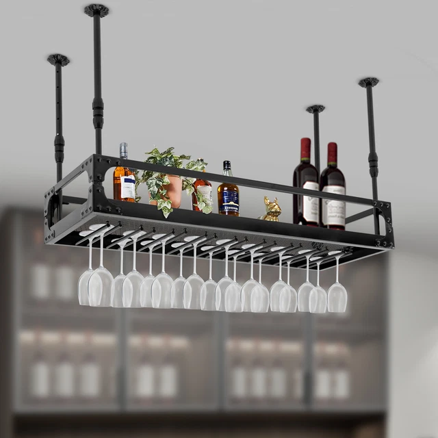 INDUSTRIAL VINTAGE BAR Floating Shelf Black Ceiling Mounted Wine Bottle ...