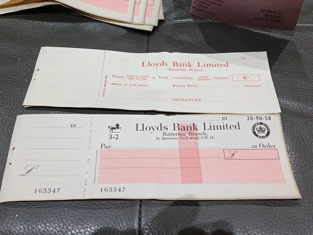VINTAGE (60S) LLOYDS Bank Cheque & Paying In Slip, BATTERSEA Branch ...