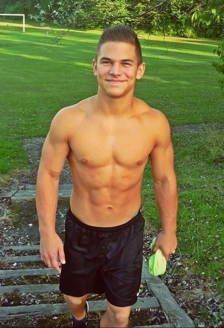 Shirtless Male Muscular Beefcake Muscle Jock Smiling In Park Dude Photo