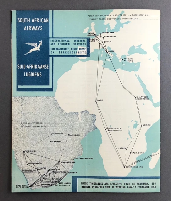 SOUTH AFRICAN AIRWAYS Saa Airline Timetable February 1958 Sal Route Map ...