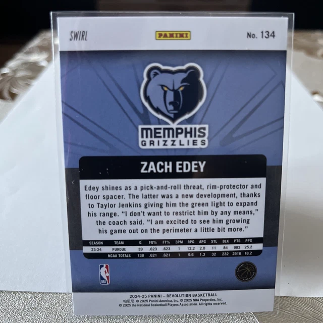 2024-25 PANINI REVOLUTION - #134 Zach Edey Red Swirl RC Memphis ...