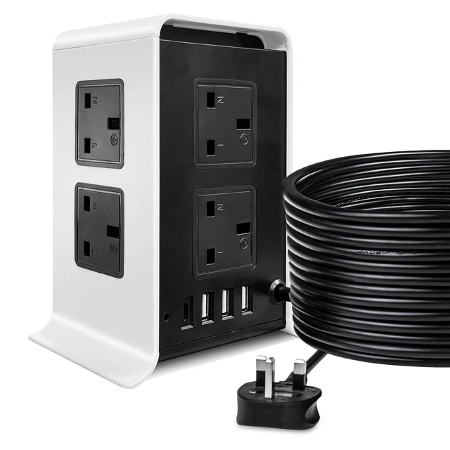 5M TOWER EXTENSION Lead Multi Socket 8 Way Plug USB Extension Surge ...