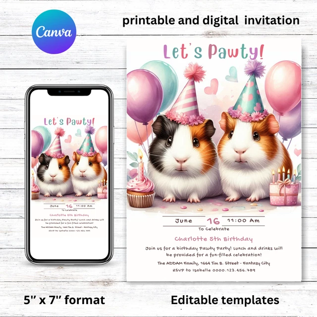 EDITABLE GUINEA PIG Birthday Invitation template, Guinea Piggies ...