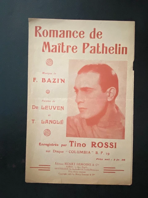 PARTIZIONE PICCOLO FORMATO "Romanzo Di Maitre Pathelin - Tino Rossi ...
