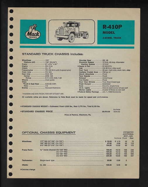 MACK TRUCKS R-410P Model Specifications Brochure June 1969 $27.50 ...