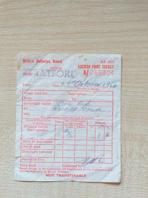 BRITISH RAILWAYS EXCESS Fare Ticket Stratford October 1964 £5.00 ...