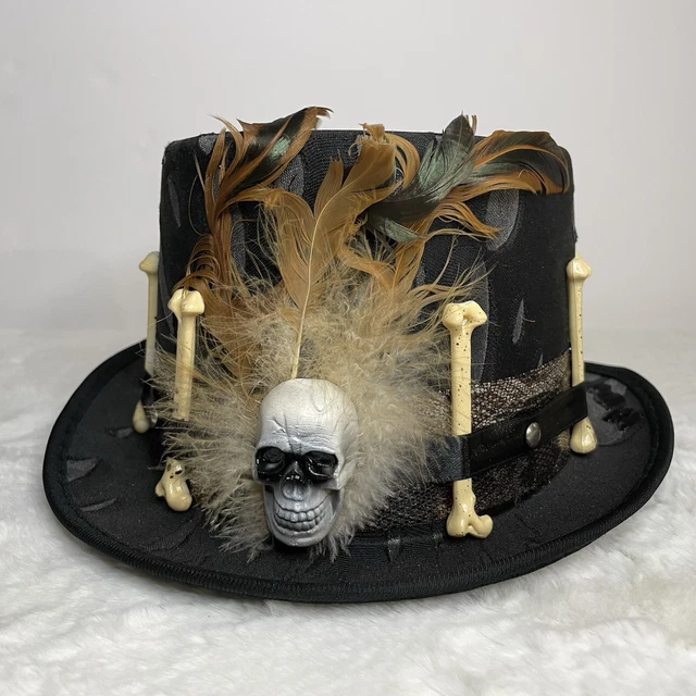 BLACK VOODOO ADULT Top Hat Skull Bones Feather Witch Doctor Costume ...