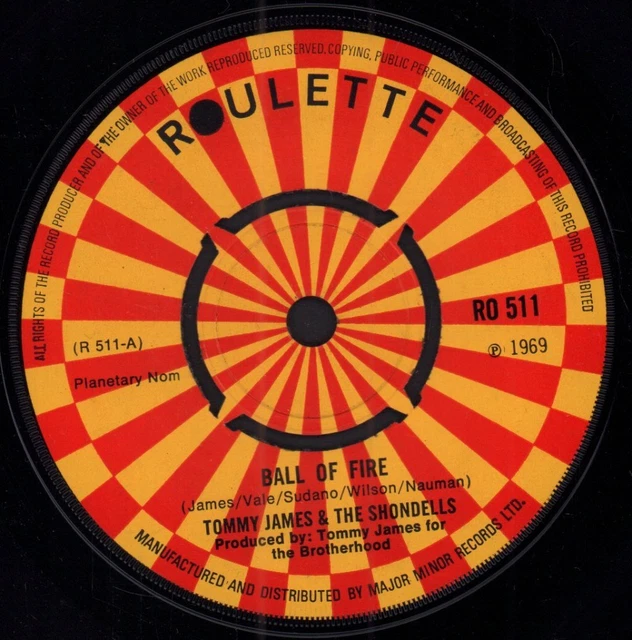 TOMMY JAMES AND the Shondells Ball of Fire 7" vinyle UK Roulette 1969 4 ...