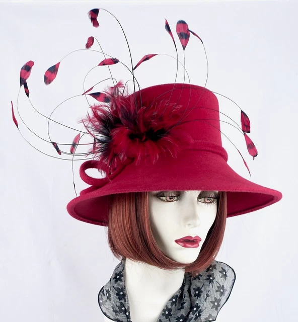 COUNTRY CASUALS CHERRY Red Felt Hat With Feathers Wedding Races Ascot £ ...