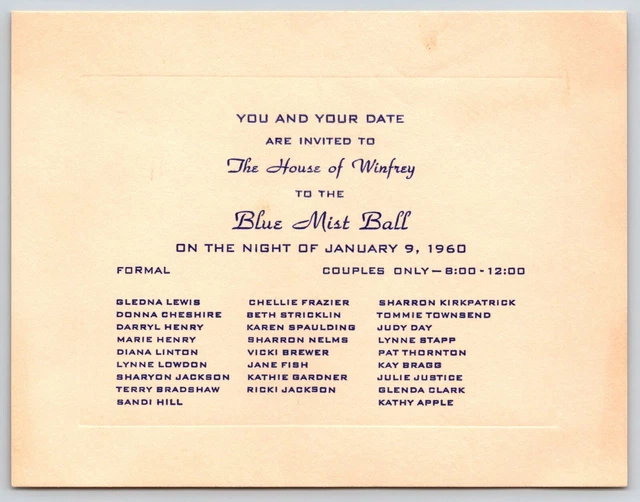 HOUSE OF WINFREY Blue MIst Ball Invitation 1960 Invite Guest List Card ...