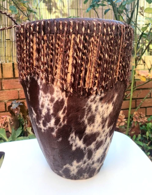 VINTAGE ETHNIC AFRICAN Tribal Drum Bongo Large 14 inch Animal Skin Hand ...