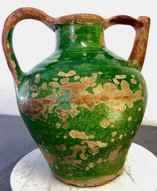 CRUCHE ANCIENNE EN terre cuite émaillée verte estampille « 2 » Orjol ...