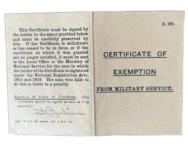 WW1 CERTIFICATE OF Exemption From Military Service 1918 Plus Photo Of ...