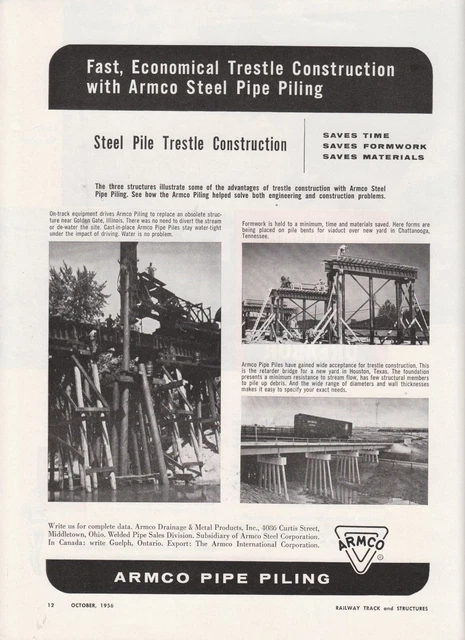 1956 ARMCO STEEL Pile Railway Trestle Construction Ad: Near Golden Gate ...
