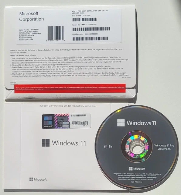 MICROSOFT WINDOWS 11 Pro - DVD Paket 64Bit Deutsch - Neu, original ...
