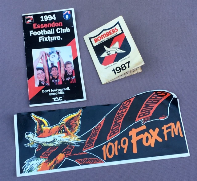 3 X VINTAGE ESSENDON Football Club- 1987 TICKET, 1994 FIXTURE, Fox FM ...