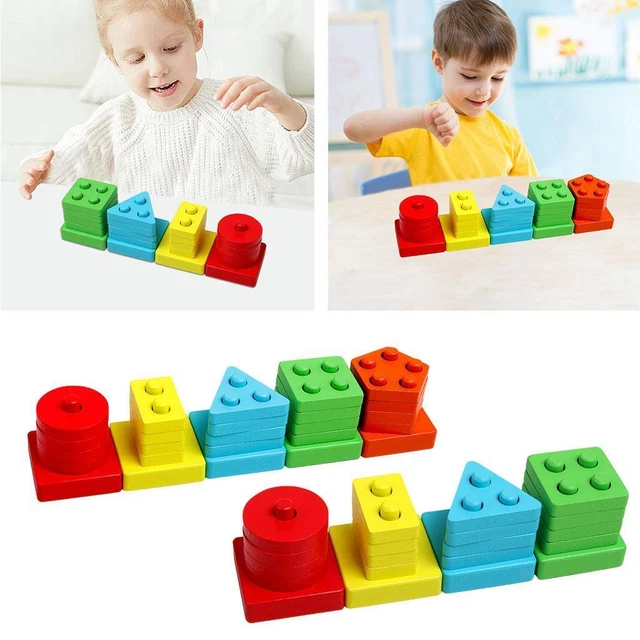 WOODEN GEOMETRIC BLOCK Stacking Sorting Shape Sorter Development ...