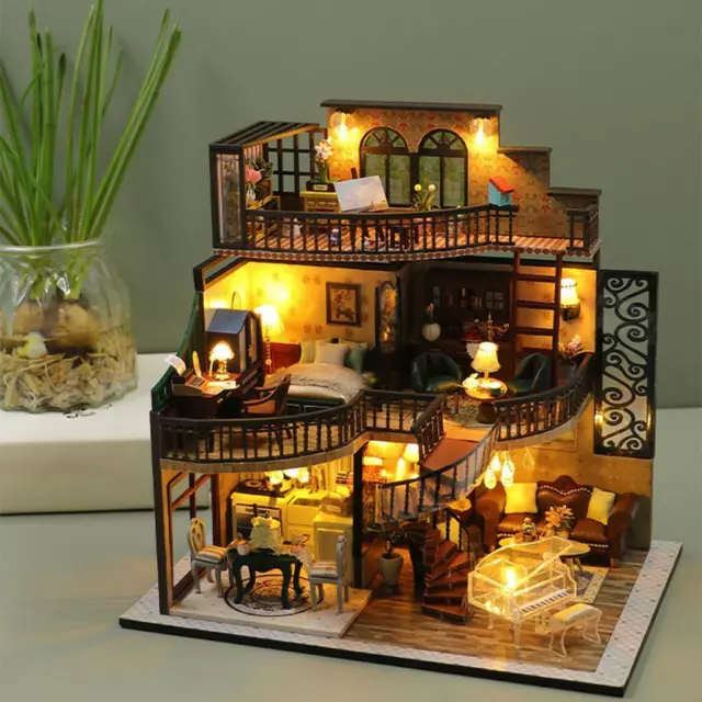 Mini Dollhouse Assemble Kits Miniature Diy Led Light Model Villa
