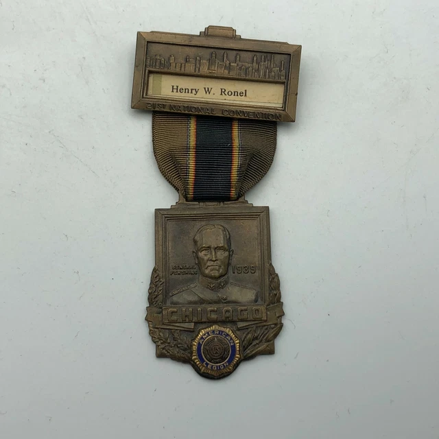 WW1 VETERAN HENRY Ronel Named 1939 Convention Ribbon Pin Medal FOB ...