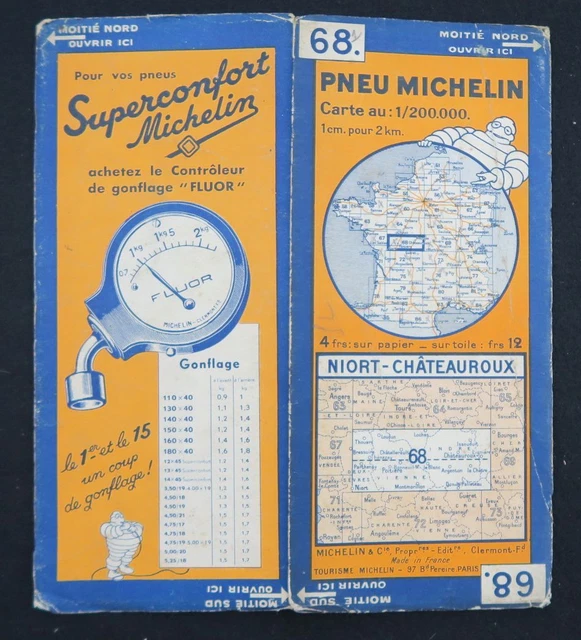 CARTE MICHELIN N°68 NIORT CHATEAUROUX 1932 map Mapa Bibendum pneu guide ...
