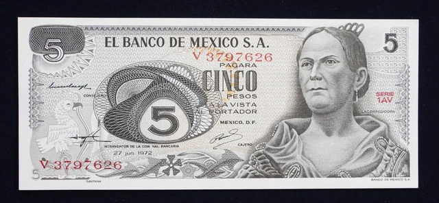 1972 MEXICO 5 Pesos Banknote Catalogue # P62c P62 UNC Uncirculated £4. ...
