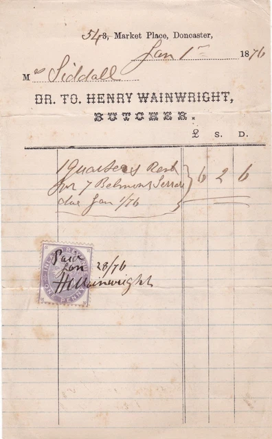 GB DONCASTER 1876 Butcher Receipt With 1d Inland Revenue Stamp £4.00 ...