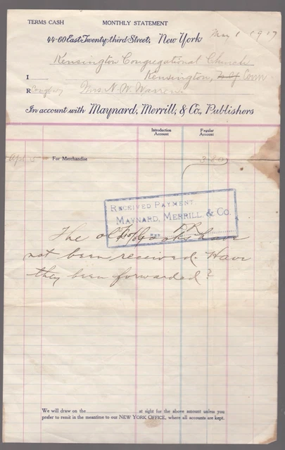 [57297] 1909 INVOICE MAYNARD, MERRILL & CO. PUBLISHER 23rd STREET, NEW ...