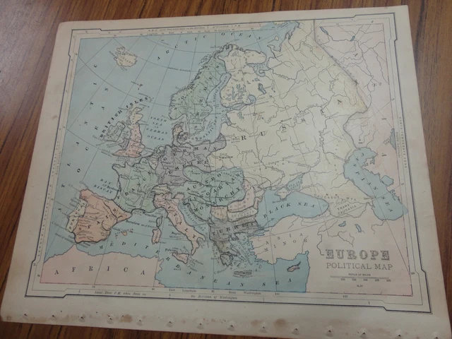 NICE COLOR PHYSICAL map of Europe by Country. Printed 1896 by American ...