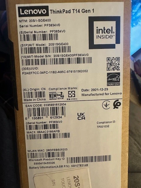 LENOVO THINKPAD T14 Gen 1 14" i5-10210U 256GB SSD 8GB FHD W10Pro 2Years ...
