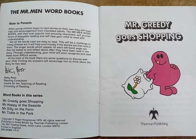 VINTAGE MR GREEDY Goes Shopping 1979 Mr Men Word book Roger Hargreaves ...
