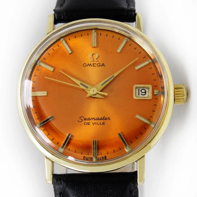 OMEGA SEAMASTER DEVILLE Sunburst Orange Winding Gold Cap Vintage Watch ...