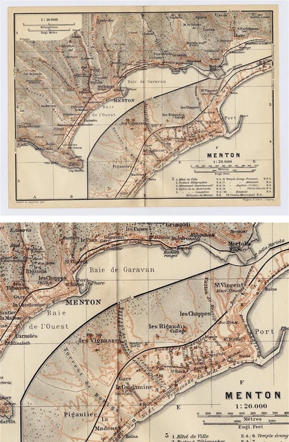 1914 ORIGINAL ANTIQUE City Map Of Menton / Provence-Alpes-Cote D'azur ...