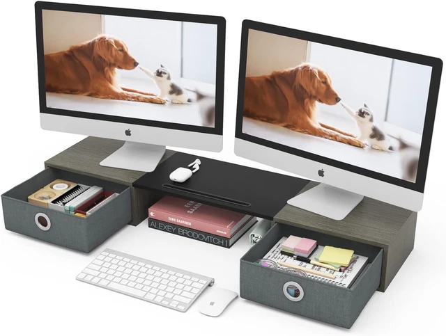 DUAL MONITOR STAND Riser with Two Drawers, Extra Large Storage Monitor ...