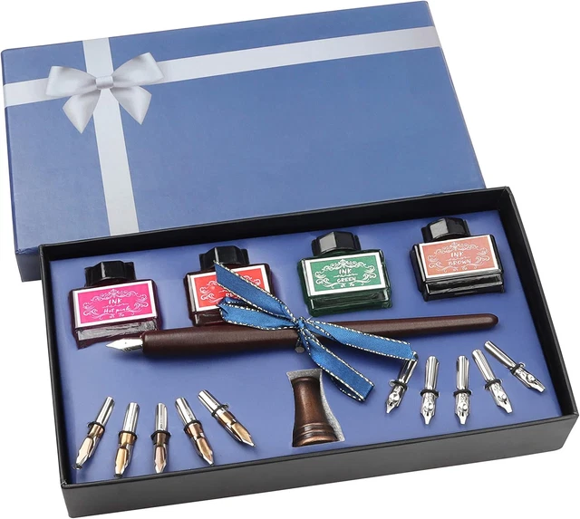 SET CALLIGRAFIA CON Penna Stilografica in Legno Con Supporto, Boccette ...