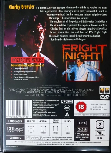 FRIGHT NIGHT DVD 1985film Chris Sarandon,Roddy McDowall ...