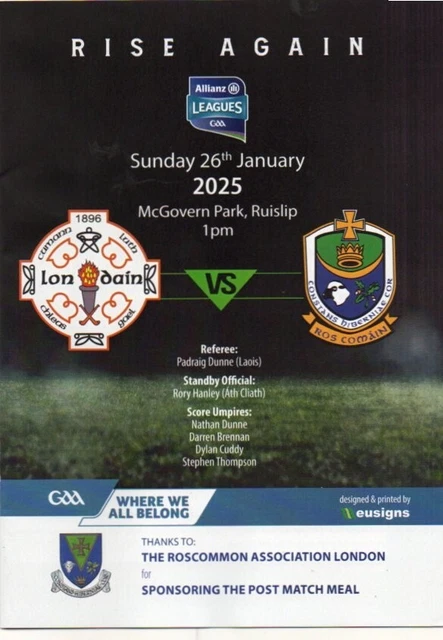 LONDON V ROSCOMMON 2025 Hurling Gaa @ Ruislip Free Post Uk £2.79 ...