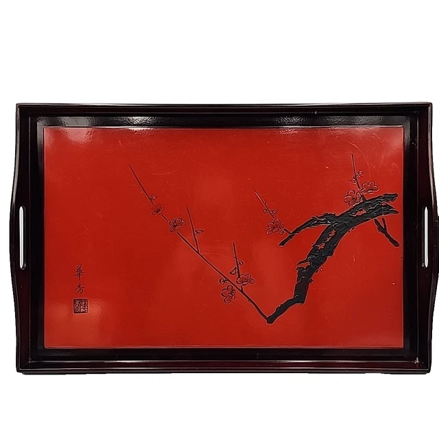 VINTAGE TOYO JAPAN Lacquer Carved Sakura Serving Tray Red Cherry ...