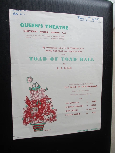 1965 QUEENS THEATRE Programme Toad Of Toad Hall A A Milne Ian Wallace £ ...