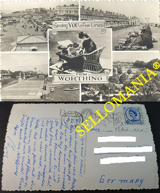 POSTCARD WORTHING WEST Sussex 1950 England Inglaterra Cat Typewriter ...