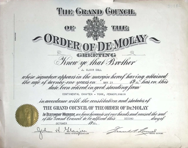 1930 ORDER OF DeMolay Masonic Certificate Continental Chapter York PA £ ...