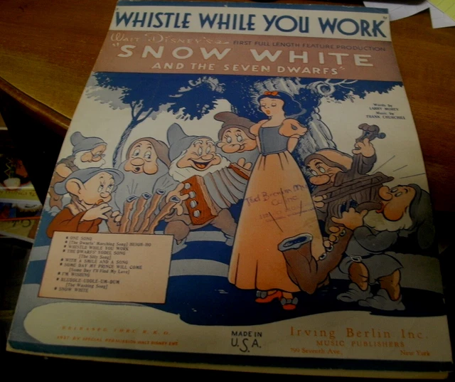 1937 WHISTLE WHILE You Work Sheet Music Snow White And The Seven Dwarfs ...