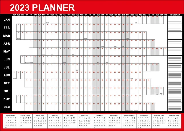 A3 - A1 Year Planner Wall Calendar Home Office Academic Red Black ...
