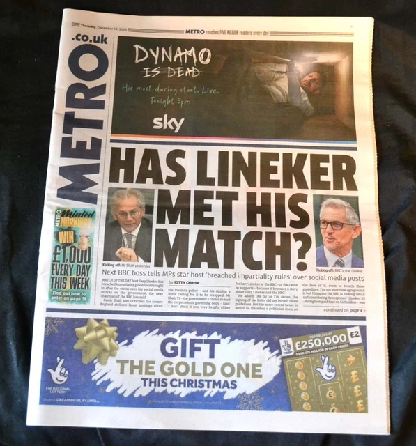 THE UK METRO Newspaper 14/12/23 December 14th 2023 Gary Lineker vs BBC ...