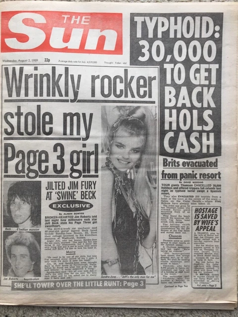 THE SUN NEWSPAPER 2nd August 1989 Page 3 Sandra-Jane Moore Jeff Beck ...