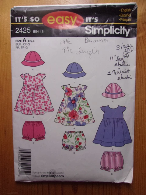 SIMPLICITY SEWING PATTERN for Babies Dress, Panties, Hat Sizes S, M, L ...