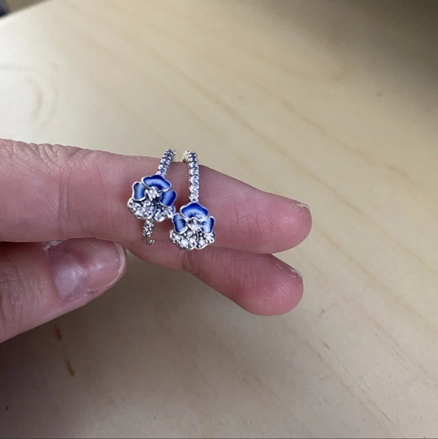 BRAND NEW GENUINE Pandora Blue Pansy Flower Hoop CZ Earrings 290775C01 ...