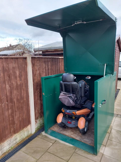 MOBILITY SCOOTER STORAGE shelter. Metal with lockable electric raising ...